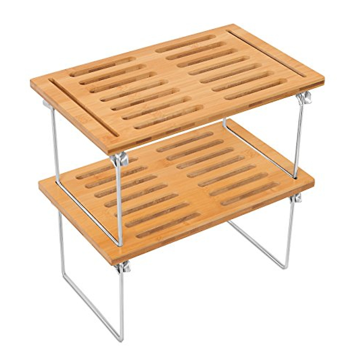 BIRDROCK HOME 2 Pack Kitchen Stacking Utility Shelf - Bamboo - 2 Shelves - Cabinet Closet Organizer and Storage - Small