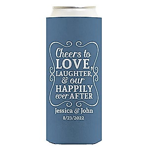 Cheers To Love Custom Names & Date 6-Pack Personalized Ultra Slim Can Coolies Slate Blue