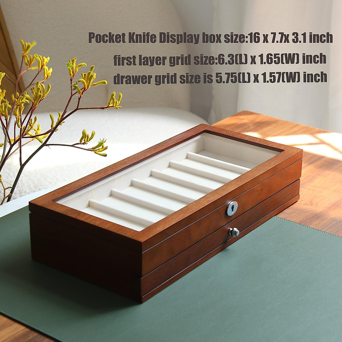 Bonaking Knife Display Case Two-Tier Pocket Knife Case Box Storage for 15-17 Pocket Knives Pocket Knife Collection Case Organizer for Men Gift with Walnut Finish and Glass Window