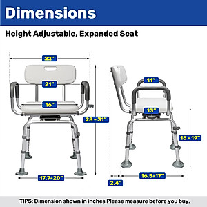 360° Swivel Shower Chair with Back and Arms,Rotating Swivel Bath Chair Handicap Shower Chair with Cold-Proof Pads, Support 340lbs,Tools-Free Assemble,Swivel Shower Chair for Inside Shower