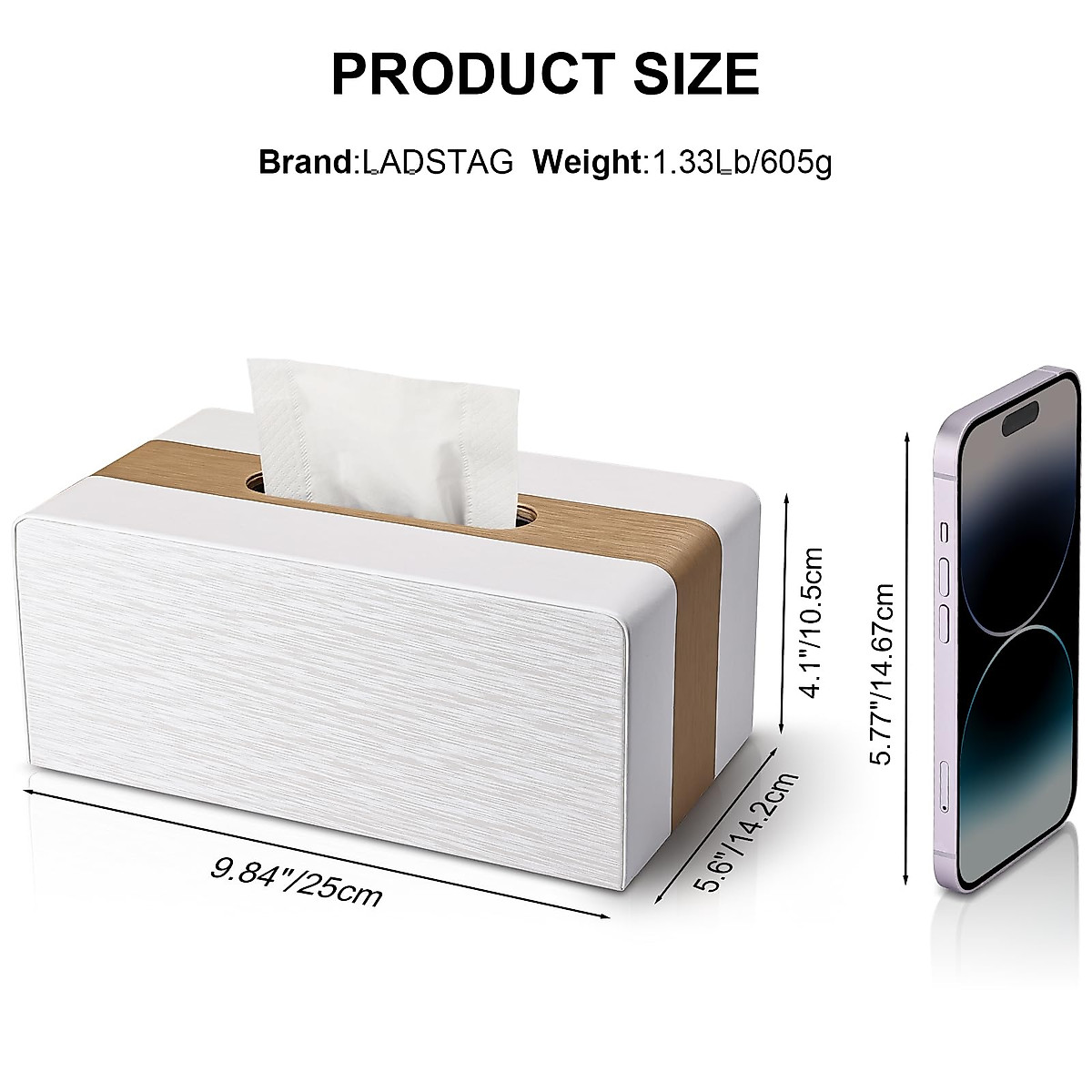 Tissue Box Cover, New PU Leather Kleenex Box Covers Rectangular Tissue Holder for Home/Office/Car Decoration 9.84"X5.59"X4.13" - Light Luxury Peach&White