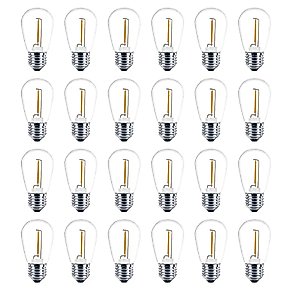 Meconard 24 Pack LED S14 Replacement Light Bulbs, Shatterproof Outdoor String Light Bulbs, 1 Watt to Replace 11Watts Incandescent Bulb, E26 Regular Medium Screw Base, 2200K Warm White, Non-Dimmable