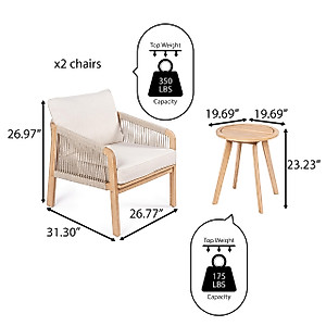JONATHAN Y LVG1203A-3SET Aveiro 3-Piece Modern Bohemian Roped Acacia Wood Conversation Outdoor Patio Set with Cushions Coastal, Contemporary, Transitional, Rustic, Cottage, Beige/Light Teak