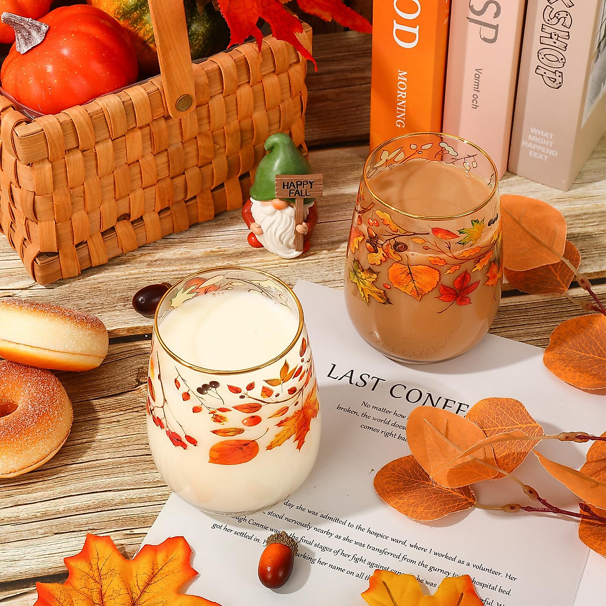 Whaline 2Pcs Fall Stemless Wine Glasses 17oz Maple Leaf Drinking Glasses with Gold Rim Autumn Leaves Tumbler Cups for Party Supplies Gifts