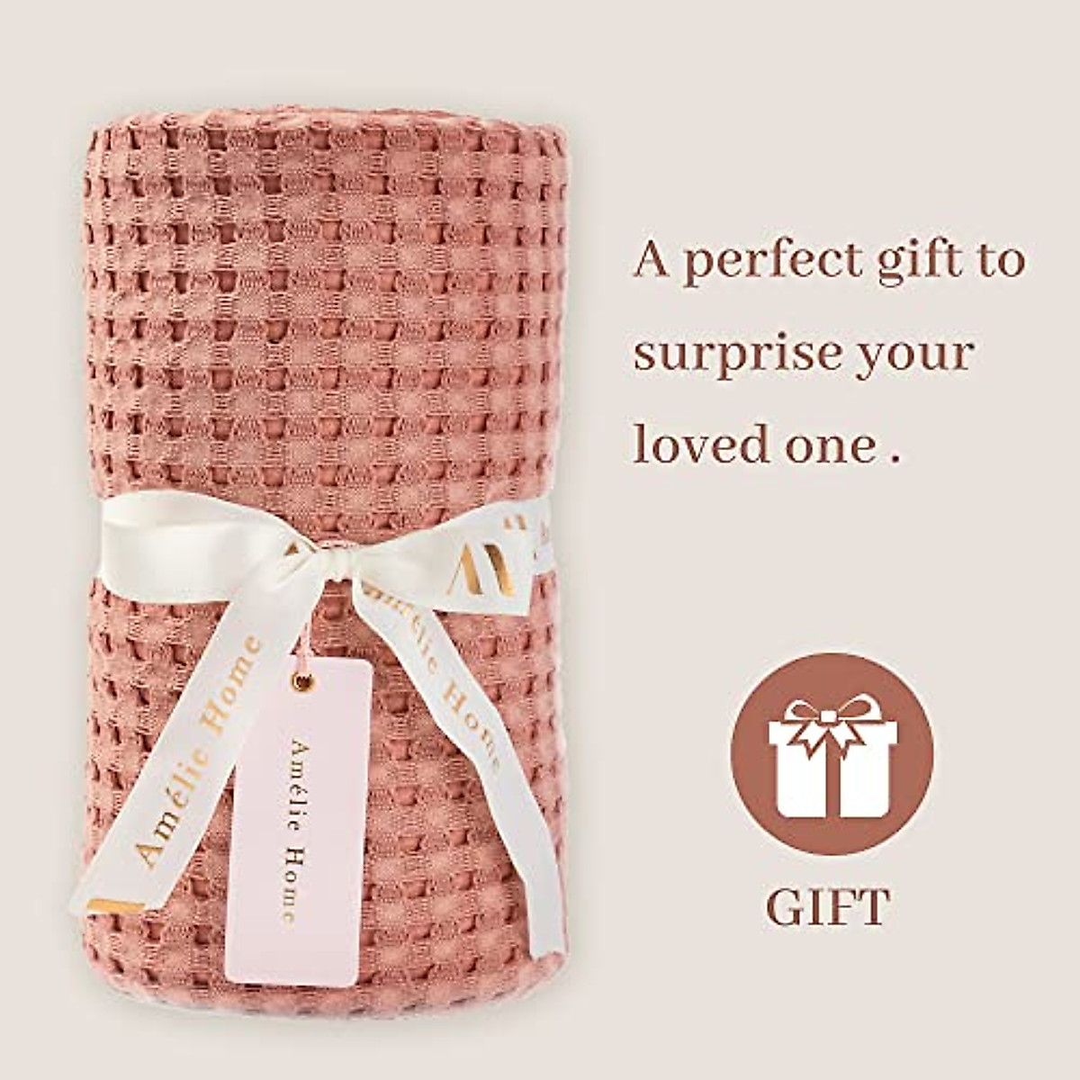 Amélie Home 100% Cotton Waffle Knit Throw Blanket, Soft Lightweight Blanket with Tassels, Decorative Breathable Textured Throw Blankets for Couch Bed Sofa, 50x60, Coral