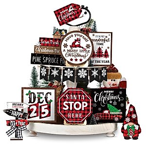 Dandat Christmas Tiered Tray Decor Winter Tiered Tray Decorations Set Snowman Snowflake Gnome Truck Xmas Tree Wooden Signs Farmhouse Christmas Table Decorations for Home Table Shelf (Buffalo Check)