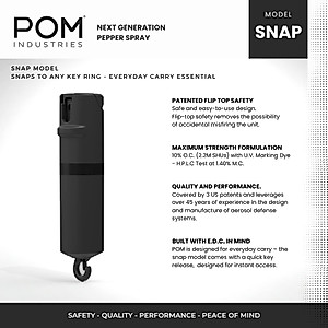 POM Pepper Spray Flip Top Snap Hook - Maximum Strength OC Spray Self Defense - Tactical Compact & Safe Design - Quick Key Release - 25 Bursts & 10 ft Range - (Group) (Black Black, One Pack)