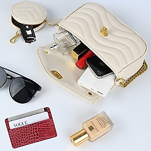 Small Crossbody Purses for Women Pu Leather Chain Quilted Handbag Designer Shoulder Bags Coin Cellphone Purse Set 2pcs (Beige)