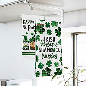 Seliem Happy St. Patrick's Day Gnome Clover Kitchen Dish Towel Set of 2, Irish Kisses Shamrock Wishes Hand Towel Green Check Drying Baking Cooking Cloth, Spring Holiday Home Kitchen Decor 18x26 Inches