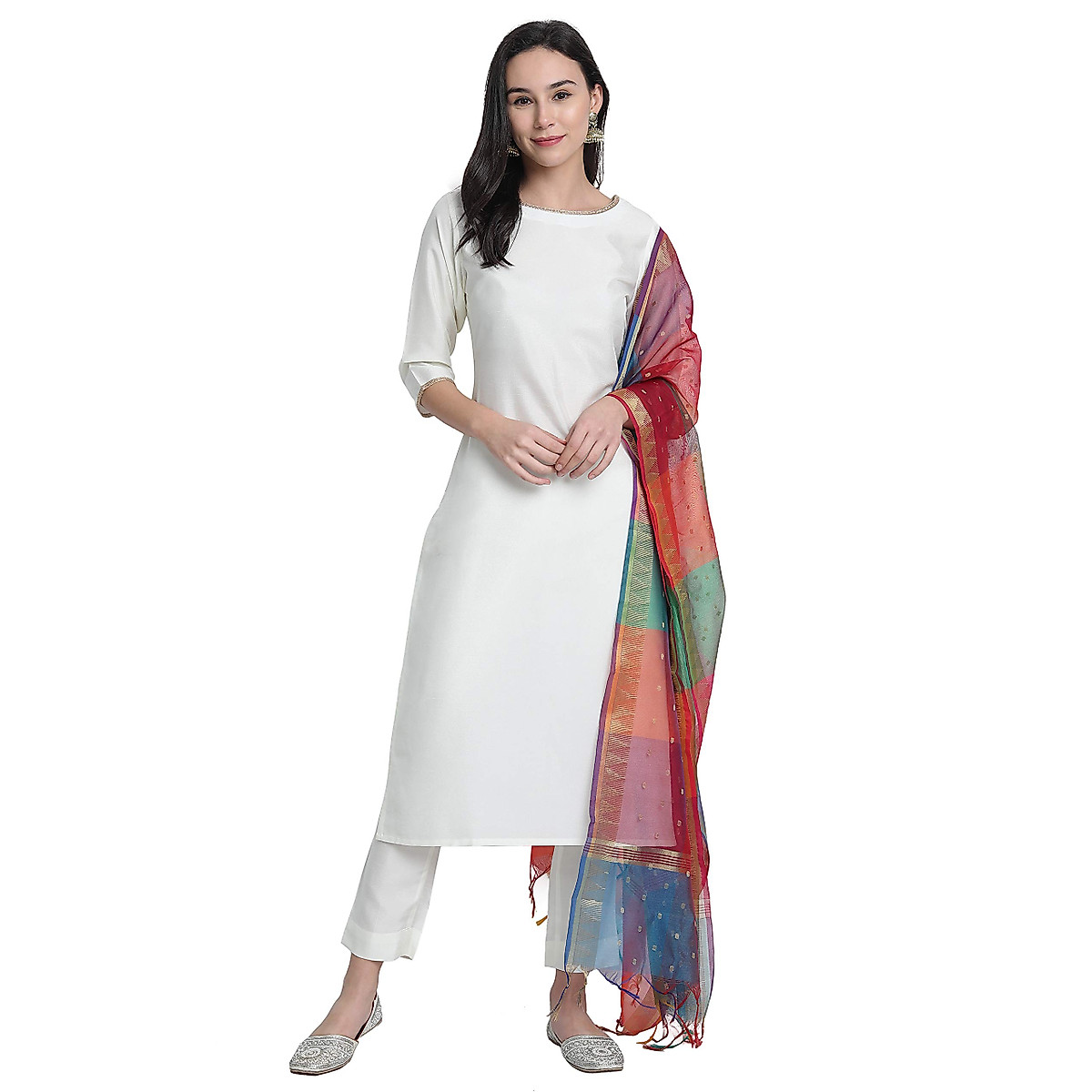 Janasya Indian Women's Off-White Poly Silk Kurta With Pant And Dupatta(SET268-KR-NP-XL)