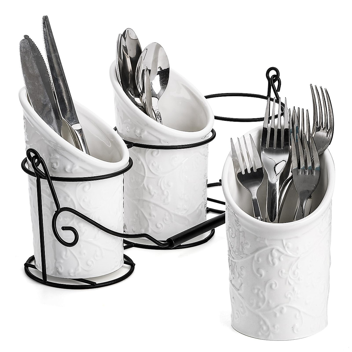 Nicunom Set of 3 Ceramic Flatware Caddy with Metal Rack, Embossed Design Kitchen Utensil Holder Silverware Organizer Cutlery Holder Kitchen Tool Crock for Countertop Decor and Organization