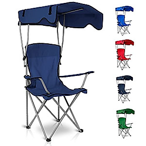 TeqHome Camping Chair with Canopy, Outdoor Folding Lounge Chair with Adjustable UPF 50+ Sun Shade & Cup Holder, Portable Camping Recliner for Camp Beach Outdoor Sports, 350LB Max Support - U.S Spot
