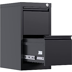 GangMei 2 Drawer Metal Vertical File Cabinet with Lock, Narrow Filing Cabinet with Hanging Letter/Legal/A4 Folders for Home, Office, Assembly Required, Black, 2 Drawers