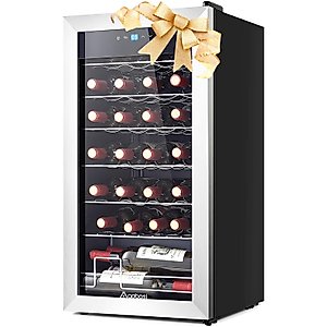 AAOBOSI Wine Fridge, 28 Bottle Wine Cooler 46-66℉ Beverage Wine Refrigerator, Glass Door Free Standing Mini Wine Cellar Aging Red,White, Champagne, Sparkling Wine for Bar, Home, Condo with Adjust Temp