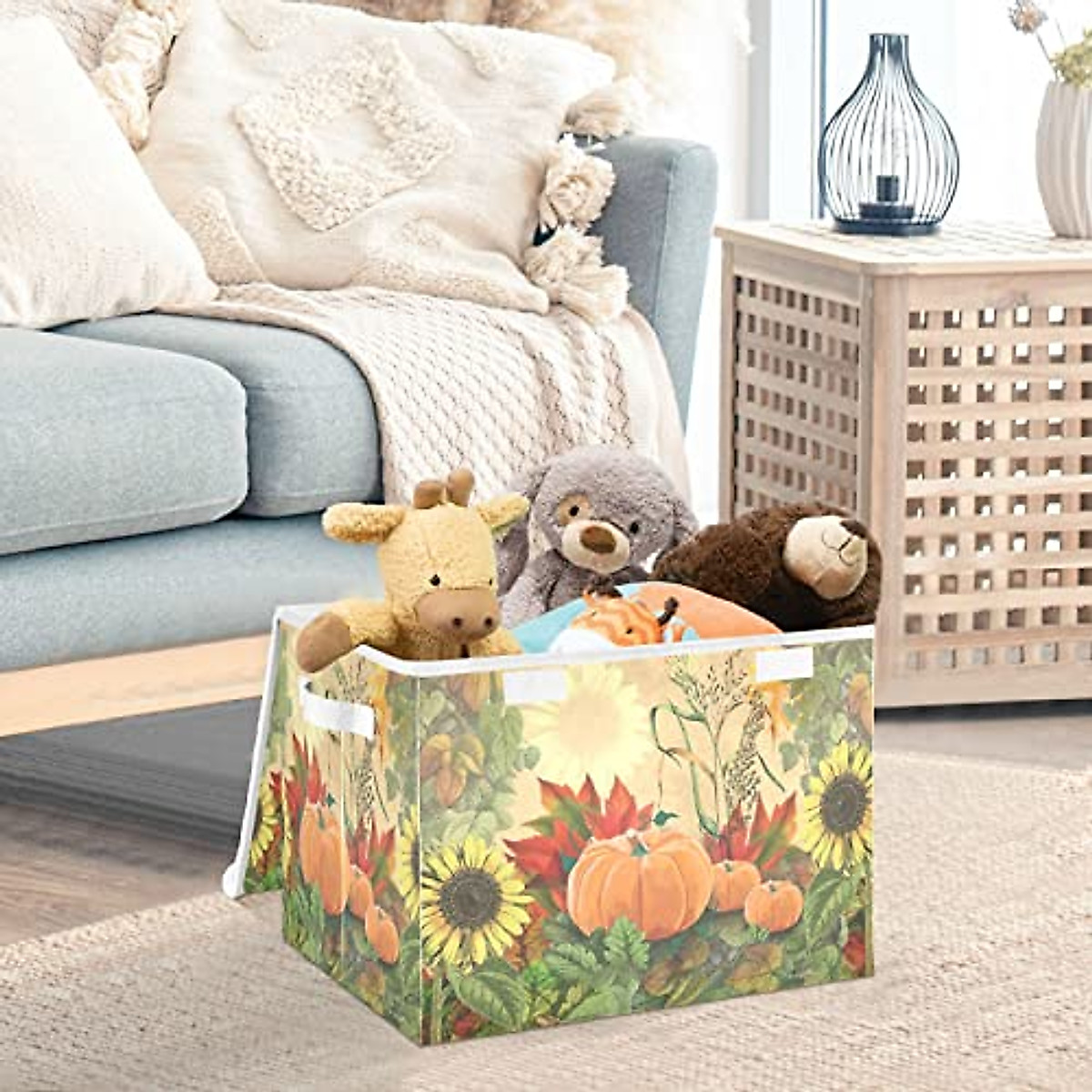 innewgogo Thanksgiving Pumpkin Sunflower Storage Bins with Lids for Organizing Closet Organizers with Handles Oxford Cloth Storage Cube Box for Car