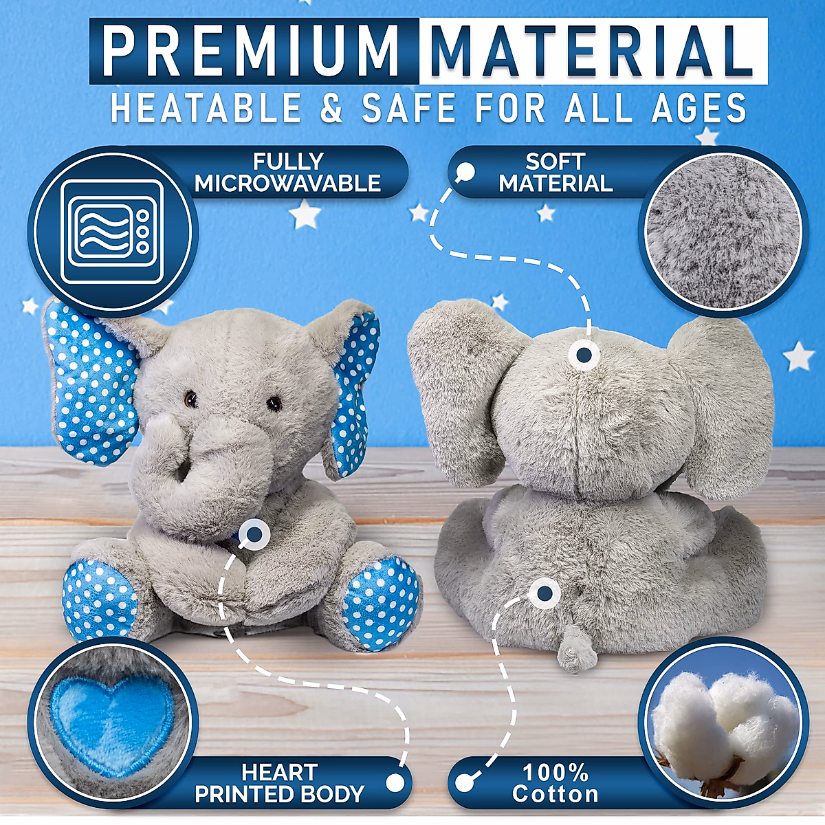 Lil Snuggers Warm and Snuggly, Lavender Scented Stuffed Animal, Elephant Male with Blue Accents