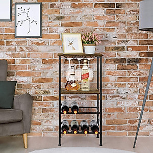 Wood Wine Rack Free Standing Floor, Industrial Wine Display Shelves with Glass Holder Rack & 8 Bottles Holder, Multifunctional Wine Bar Cabinet for Kitchen Dining Room Pantry Cellar, Rustic Brown