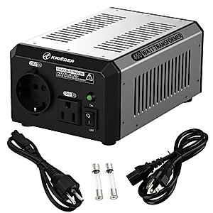 Krieger 450 Watt Voltage Transformer, 110/120V to 220/240V Step Up Step Down Voltage Converter with AC Outlets, MET Approved Under UL, CSA