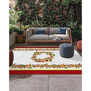 Fall Outdoor Patio Rugs Sunflower Pumpkin Maple Leaf Outdoor Area Rug Harvest Wreath Non-Slip Backyard/Camping RV Rug/Deck/Porch Rug Front Door Floor Mat Carpet,5x8ft,