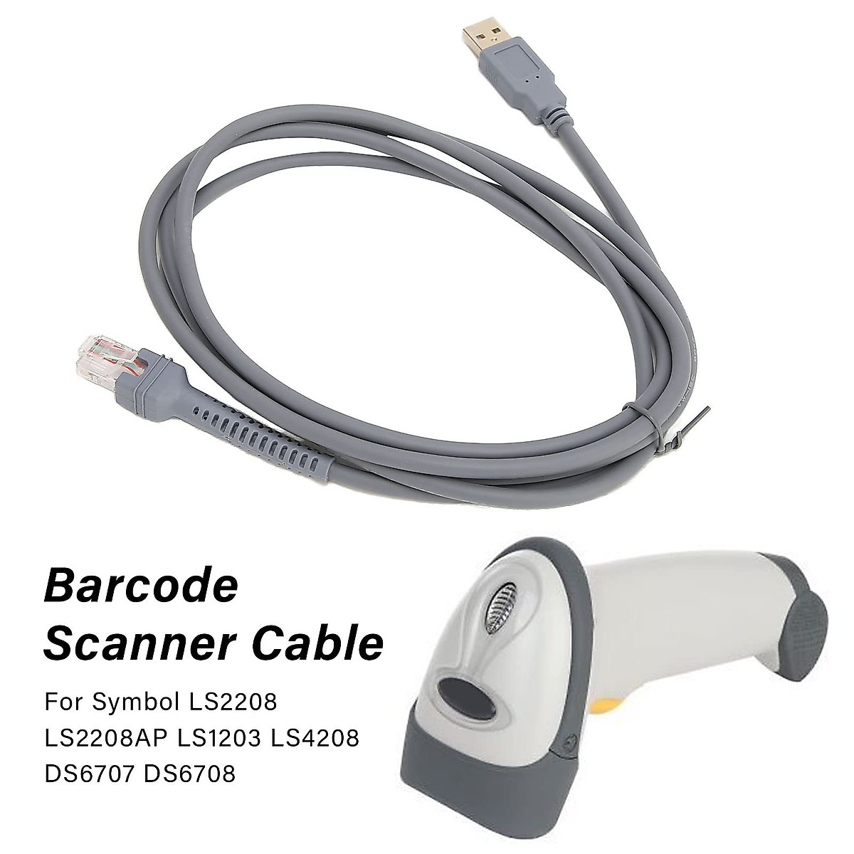 LS2208 Barcode Scanner Cable, USB Scan Cable for LS2208AP LS1203 LS4208 DS6707 DS6708, Plug and Play, Barcode Scanner Data Cable with 2 Meter Cable Length