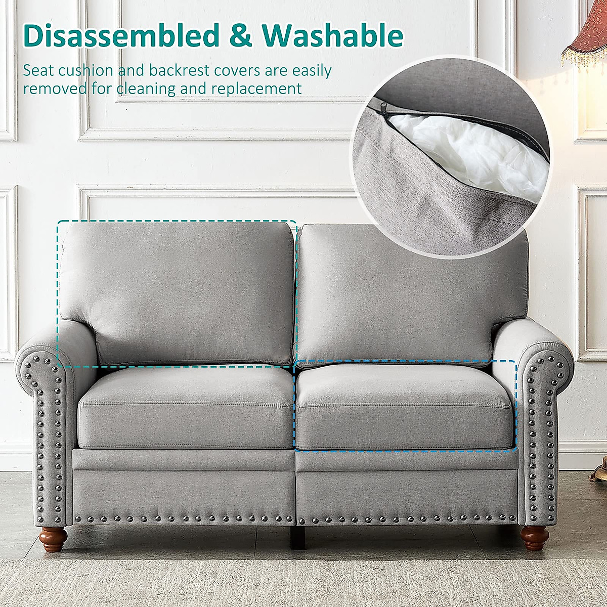 CALABASH Loveseat Sofa, Modern Upholstered Love Seat 2 Seater Small Couch with Classic Nails & Seat Cushion Backrest Removable for Living Room, Bedroom, Apartment, Small Space, 59Inch(Grey Fabric)