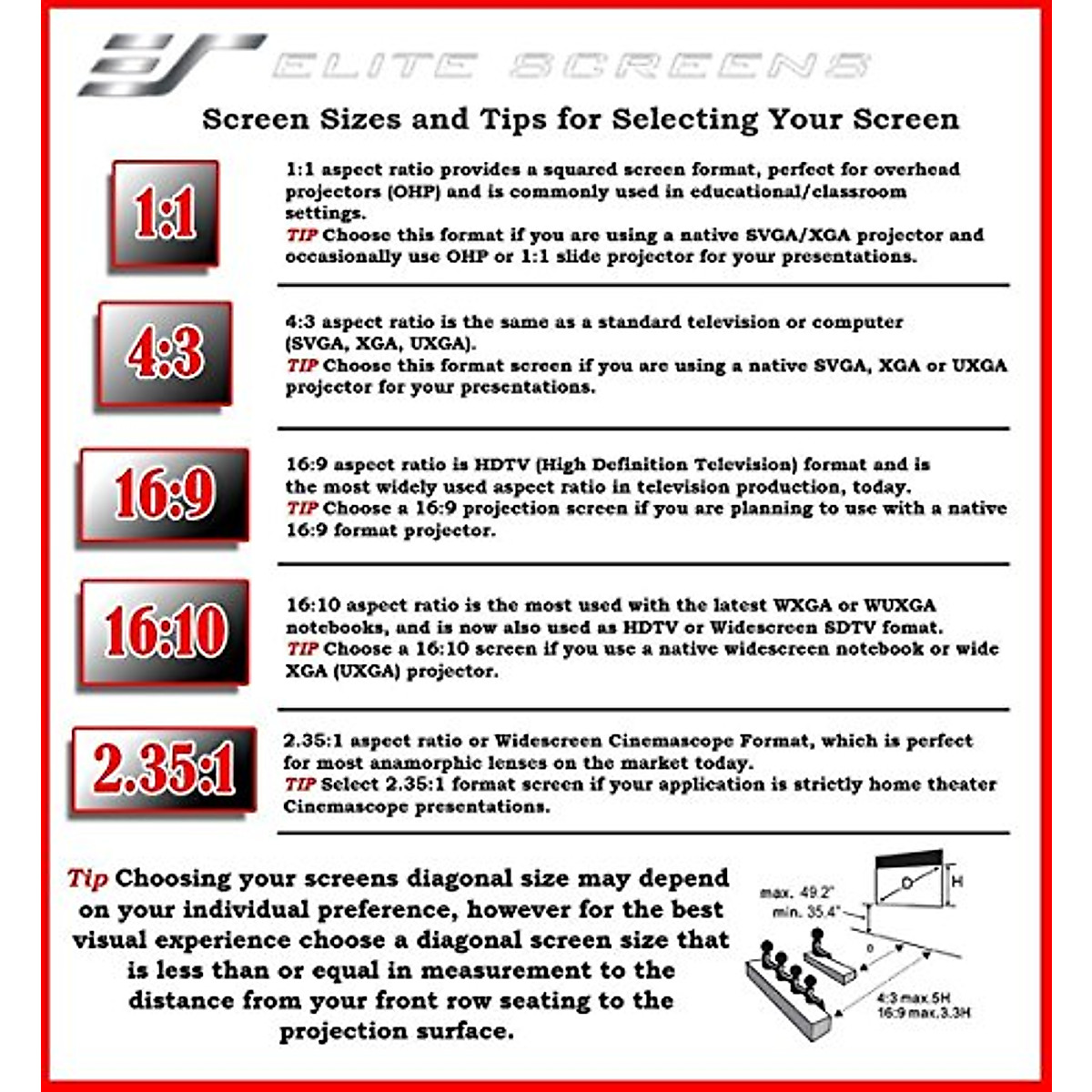 Elite Screens Sable Frame, 96-inch 2.35:1, Fixed Frame Home Theater Projection Projector Screen, ER96WH1-Wide