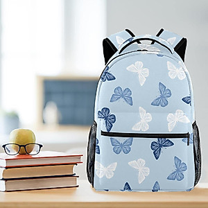 Niaocpwy School Backpacks Blue Pattern Butterflies Elementary Students Bookbags With Water Bottle Pocket