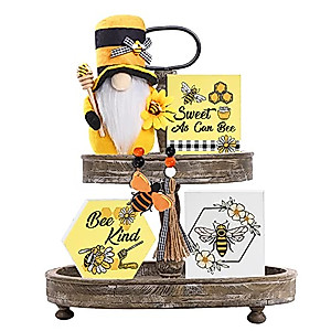 5 pcs Honey Bee Gnome Tiered Tray decor (Tray Not Included) - Bumble Bee Gnome Plush, Bee World Day Wooden Sign, Bee Wooden bead garland ,for Spring and Summer kitchen table decor