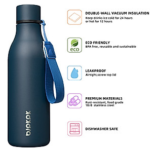 BJPKPK Insulated Water Bottles, 18oz Stainless Steel Metal Water Bottle with Strap, BPA Free Leak Proof Thermos, Mugs, Flasks, Reusable Water Bottle for Sports & Travel, Navy Blue