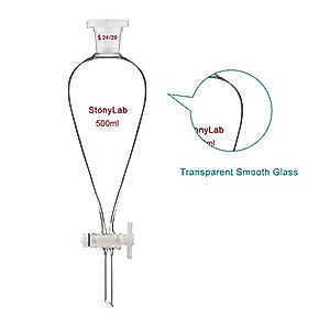 stonylab Borosilicate Glass 500 ml Heavy Wall Conical Separatory Funnel with 24/29 Joints and PTFE Stopcock, 500 ml