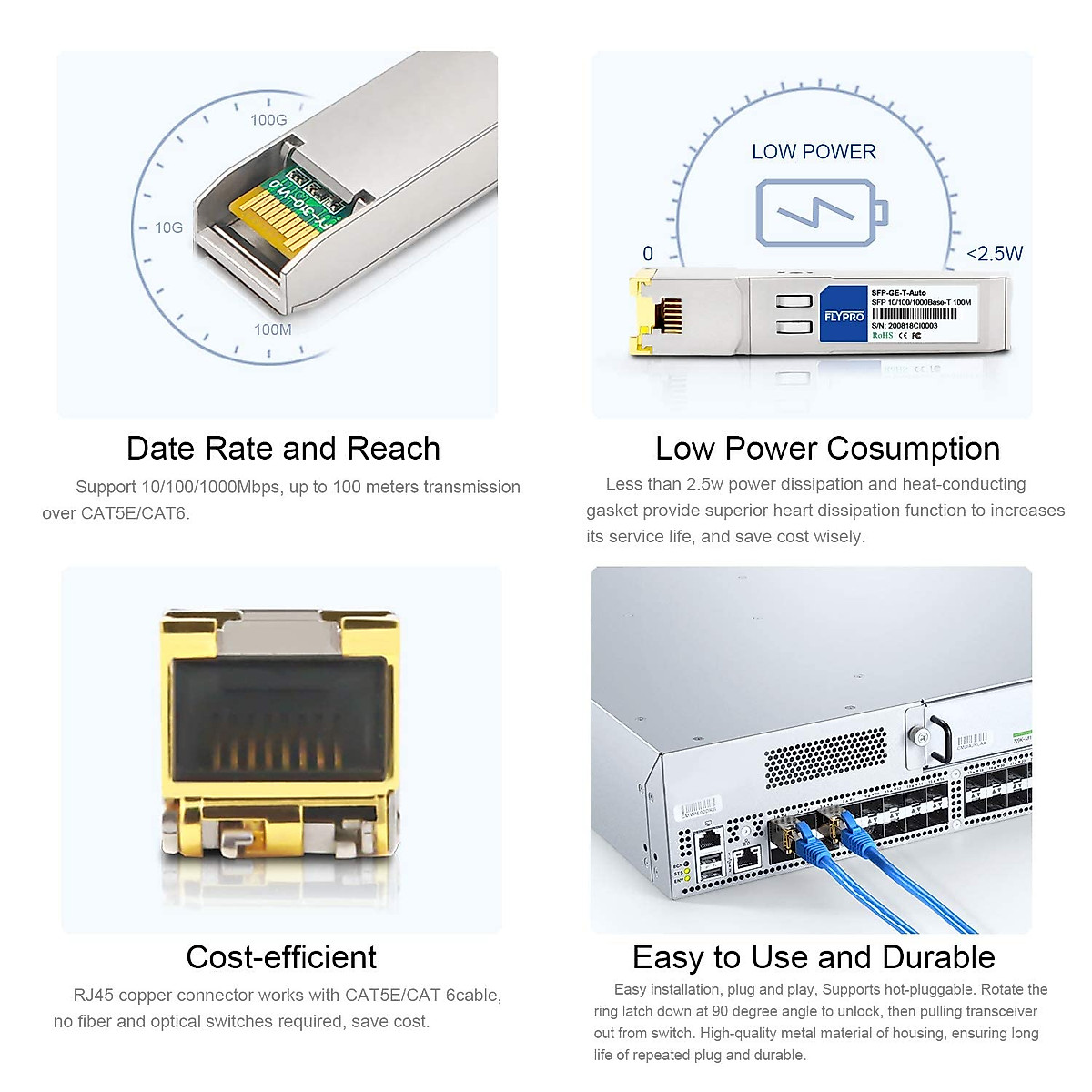 FLYPROFiber- 10/100/1000Base-T Copper SFP, Auto-Negotiation SFP to RJ45 Mini-GBIC Transceiver for Cisco GLC-T/SFP-GE-T/GLC-TA, Mikrotik S-RJ01, Netgear, Ubiquiti, Supermicro, Linksys, Up to 100M