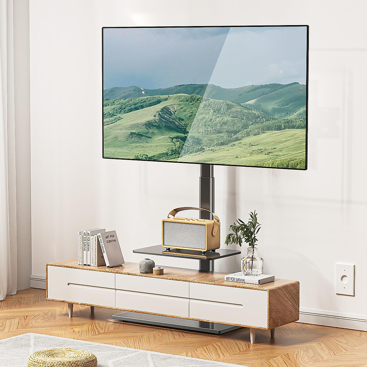 WALI TV Floor Stand for 32-70inch TVs up to 88lbs, Universal Floor TV Stand Mount, Swivel and Height Adjustable Tall TV Stand with Tempered Glass Base and Shelf for Living Room,Bedroom,Office(TVDVD-6)