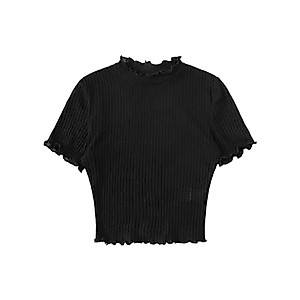 SweatyRocks Women's Lettuce Trim Ribbed Knit Short Sleeve Crop Top T-Shirt Black S