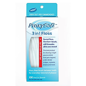 ProxySoft 3-in-1 Dental Floss for Optimal Teeth Flossing​- 1 Pack Pre-Cut Ortho Floss Threaders for Braces, Tight Spaces, Bridges, Implants with Built-in Soft Proxy Brush and Stiff Threader Flosser