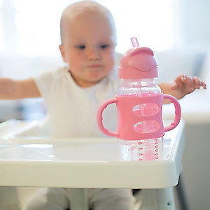 Dr. Brown's Milestones Wide-Neck Sippy Straw Bottle with 100% Silicone Handles and Weighted Straw, 9 oz/270 mL, Gray & Pink, 6m+