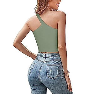 REORIA Summer Sexy Casual One Shoulder Double Lined Seamless Backless Sleeveless Cropped Tank Going Out Trendy Cute Crop Tops Dark Green Medium