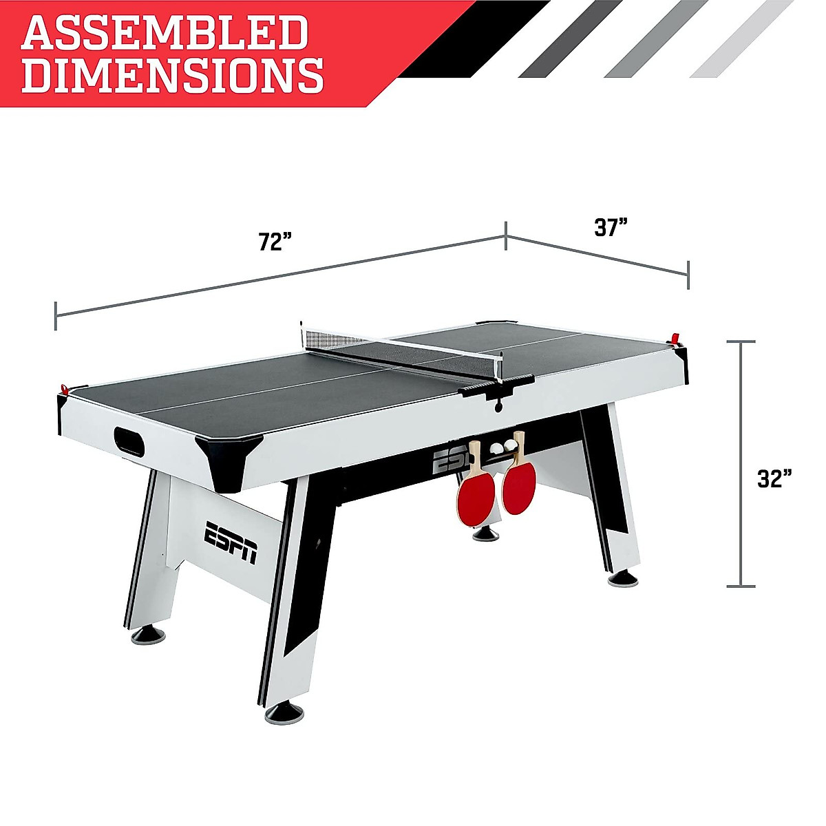 Air Hockey Game Table with Table Tennis Top Set ESPN 72 inch Power Play 2 in 1 for Kids & Adults Arcade Style LED Electronic Scorer Includes Accessories 2 Pushers & 2 Pucks, for Game Room Garage White
