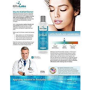 QRxLabs Glycolic Acid Face Wash - Exfoliating Gel Cleanser, Best for Wrinkles, Lines, Acne, Spots & Chemical Peel Prep - Reduces Shaving Bumps and Ingrown Hair - 6 fl oz
