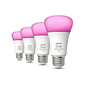Philips Hue 4-Pack White and Color A19 Medium Lumen Smart Bulb, 1100 Lumens, Bluetooth & Zigbee Compatible (Hue Hub Optional), Compatible with Alexa & Google Assistant
