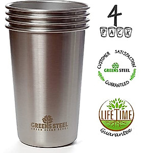 #1 Premium Stainless Steel Cups 16 oz/ 475ml Pint Cup Tumbler (4 Pack) by Greens Steel - Premium Metal Cups - Stackable Durable Cup
