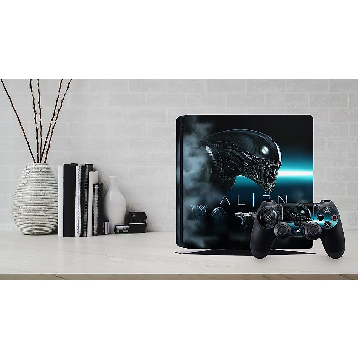 ZOOMHITSKINS Compatible with PS4 Slim Skin, Alien Supernatural SciFi Neon Black Blue, Durable & Fit, 3M Vinyl, Made in The USA