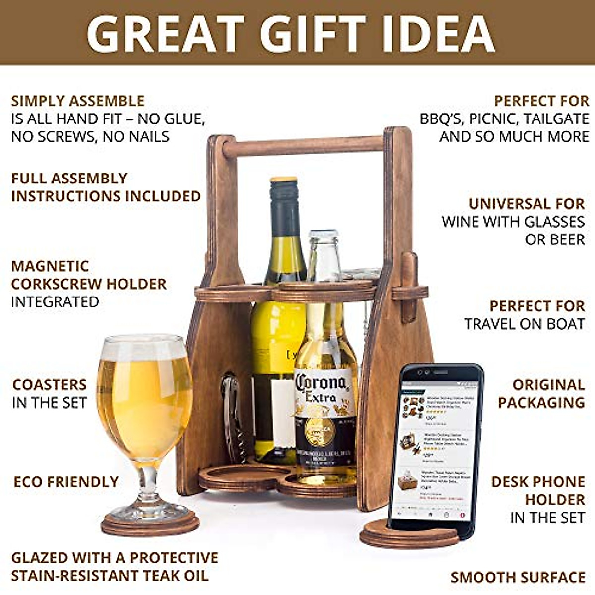 Wood Wine Bottle Glasses Caddy - Beer Carrier - Drinking Desk Accessories - Craft 4 Pack bottle Case - Men's Wine Organizer - Glass tray holder - Wine storage stand - Drink Holder for beer, for wine