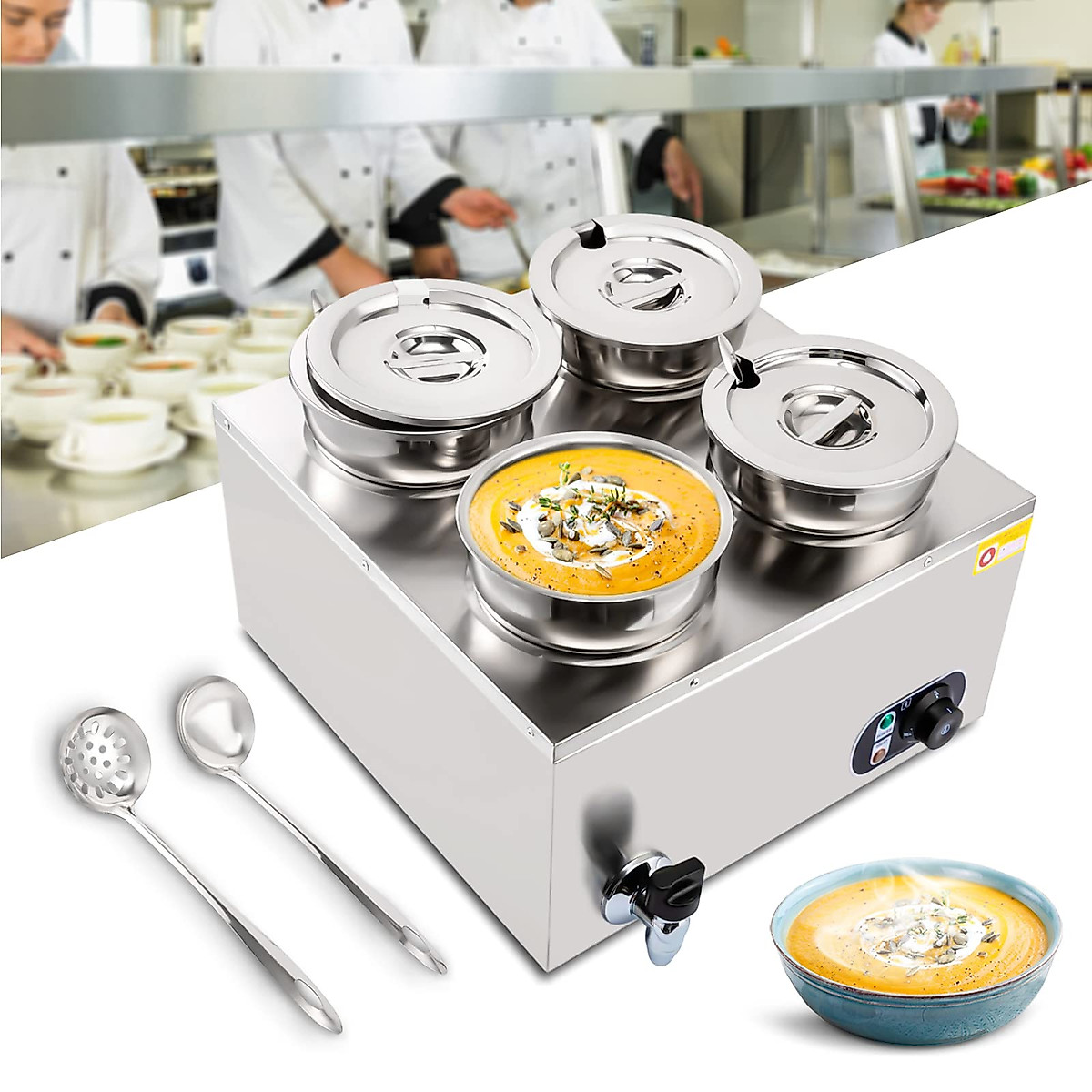 Soup Warmer Commercial Electric Warming Tray Soup Pot with Lid Countertop Food Warmer for Soup Chocolates Cheeses, Stainless Steel, 86-185℉ Adjustable (4x4L)