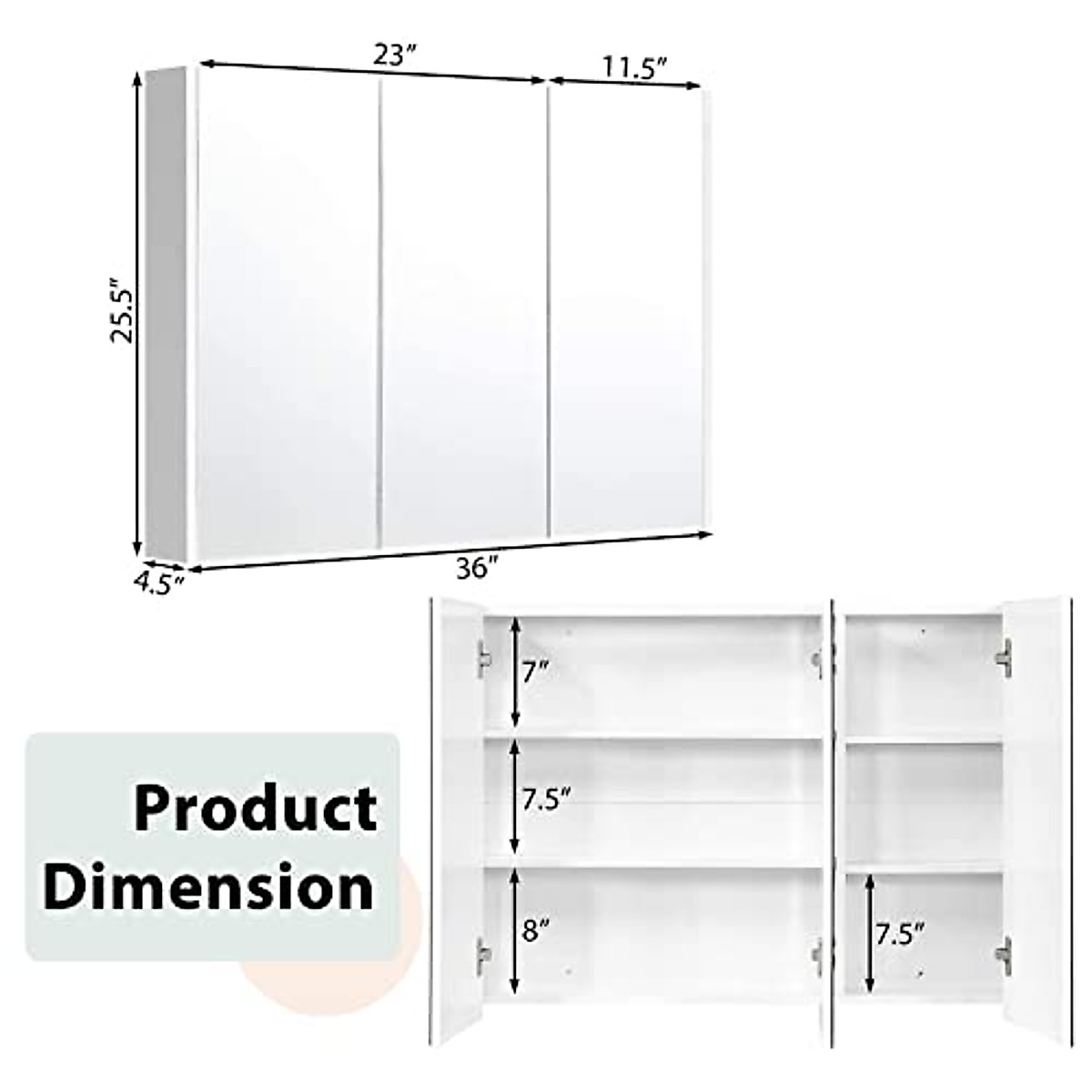 Tangkula Bathroom Medicine Cabinet with 3 Mirror Doors, Wall Mount Wide Mirrored Cabinet with Adjustable Shelf, Triple Mirrored Doors Storage Cabinet for Bathroom Living Room, 36 x 4.5 x 25.5 Inches