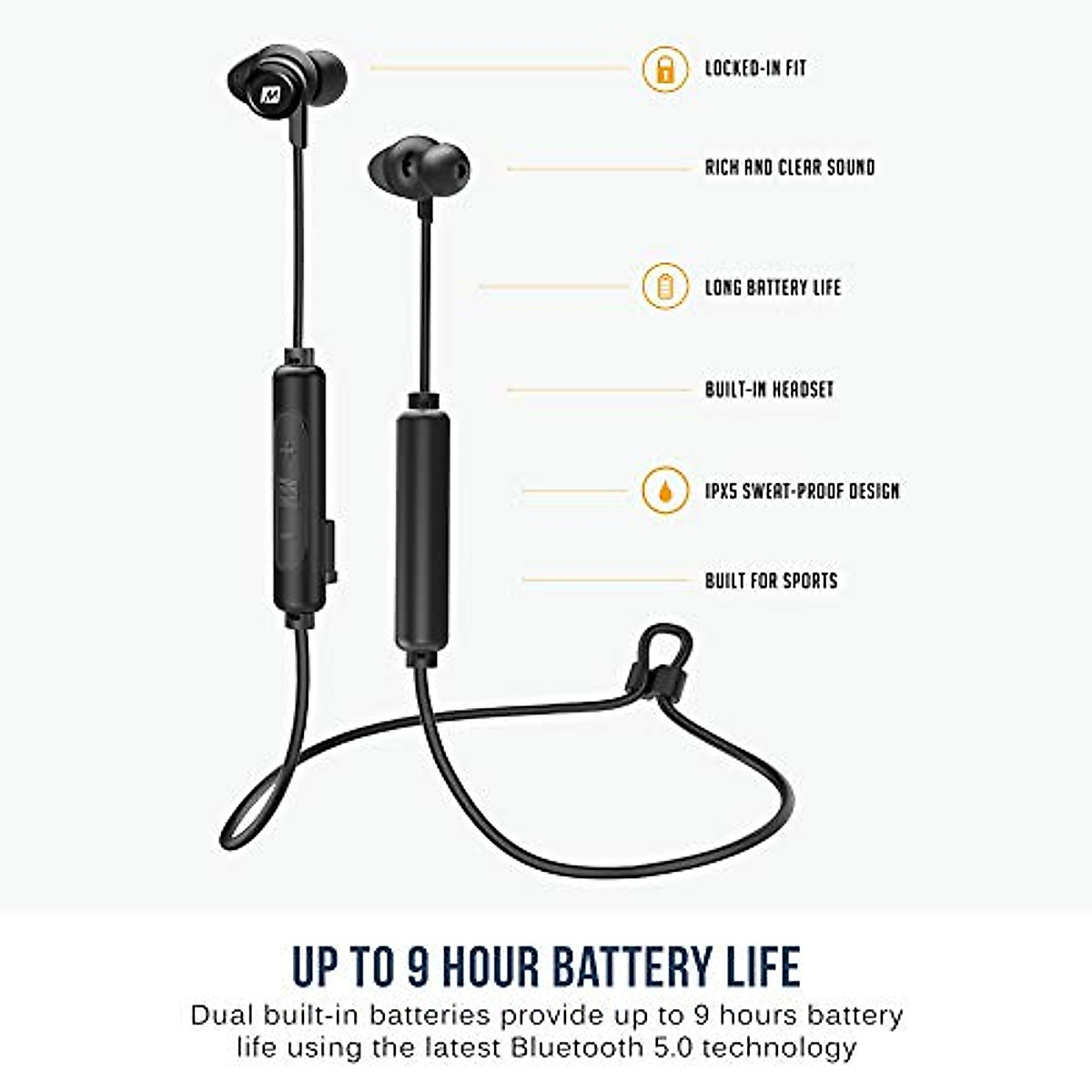 MEE audio M9B Bluetooth 5.0 Wireless in-Ear Headphones with Built-in Headset Microphone - 9 Hours Long Battery Life, IPX5 Waterproof Noise Isolation Earbuds - for Workout Gym Sports Black