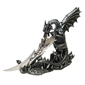 Ebros Medieval Dreamwork Fantasy Dragon Fire Breath Dagger Letter Opener Knife With Base Holder Statue Home Office Decor Figurine Dungeons And Dragons GOT Obsidian Blade