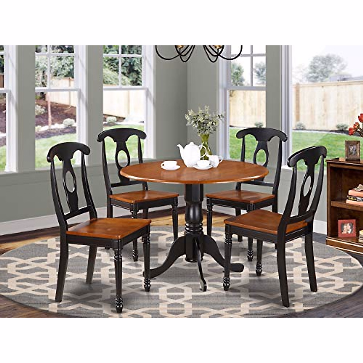 East West Furniture Dublin 5 Piece Room Furniture Set Includes a Round Dining Table with Dropleaf and 4 Wood Seat Chairs, 42x42 Inch, Black & Cherry
