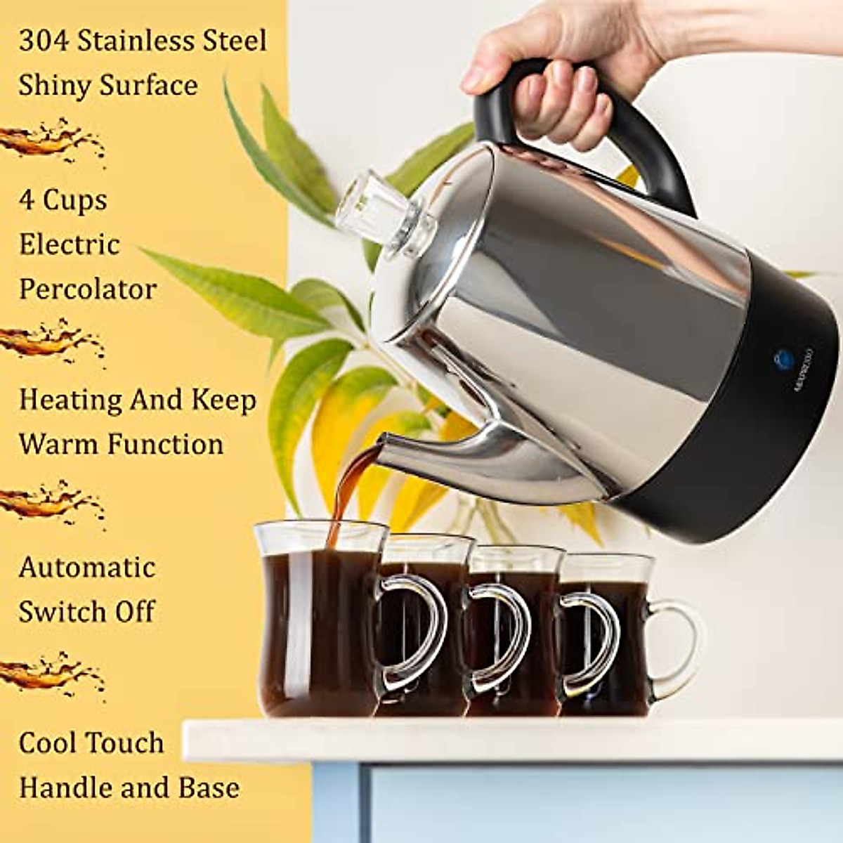 Mixpresso Electric Percolator Coffee Pot | Stainless Steel Coffee Maker | Percolator Electric Pot - 4 Cups Stainless Steel Percolator With Coffee Basket