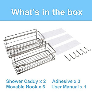 Adhesive Hanging Shower Caddy Organizer Shelf for Inside Shower with 6 Movable Hooks, 304 Stainless Steel, Wall Mount No Drilling, Spice Rack for Kitchen Storage -Silver, 2-Pack