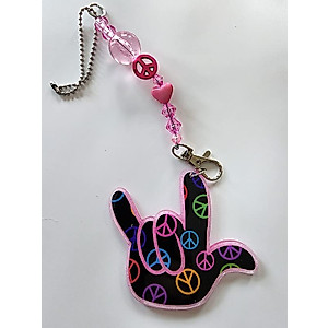 PEACE AND LOVE PINK GLOW IN THE DARK BEADED REAR VIEW MIRROR HANGINGE CAR CHARM - HANDMADE - FREE STANDARD SHIPPING